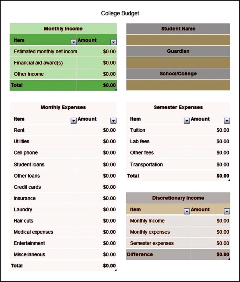 Basic Budget Worksheet College Student Excelxo