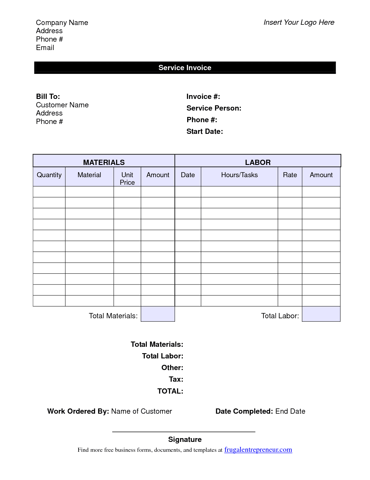 Blank Labor Invoice Excelxo