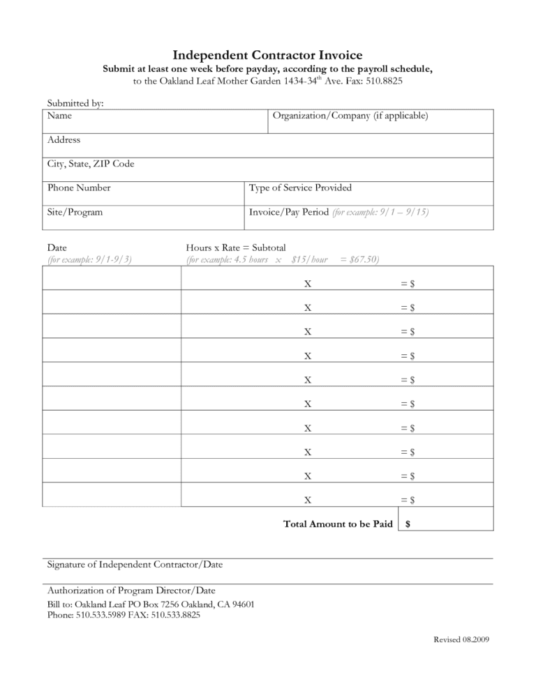 Independent Contractor Invoice Template Excel Excelxo